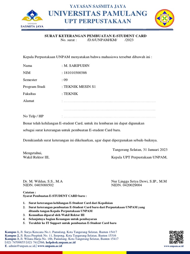 Surat Keterangan Pembuatan E Student Card Pdf Pdf