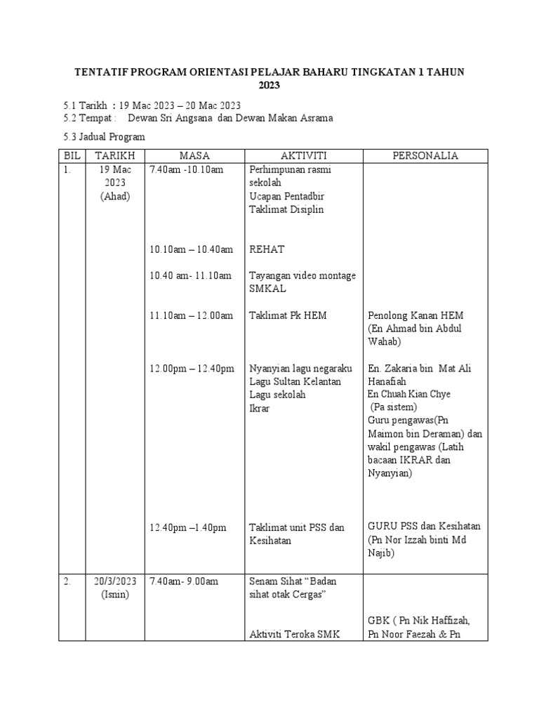 TENTATIF PROGRAM ORIENTASI PELAJAR BAHARU TINGKATAN 1 TAHUN 2023 New | PDF