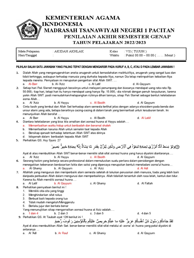 Master Soal Pat Akidah Akhlak 7 Genap SKS + Kunci | PDF