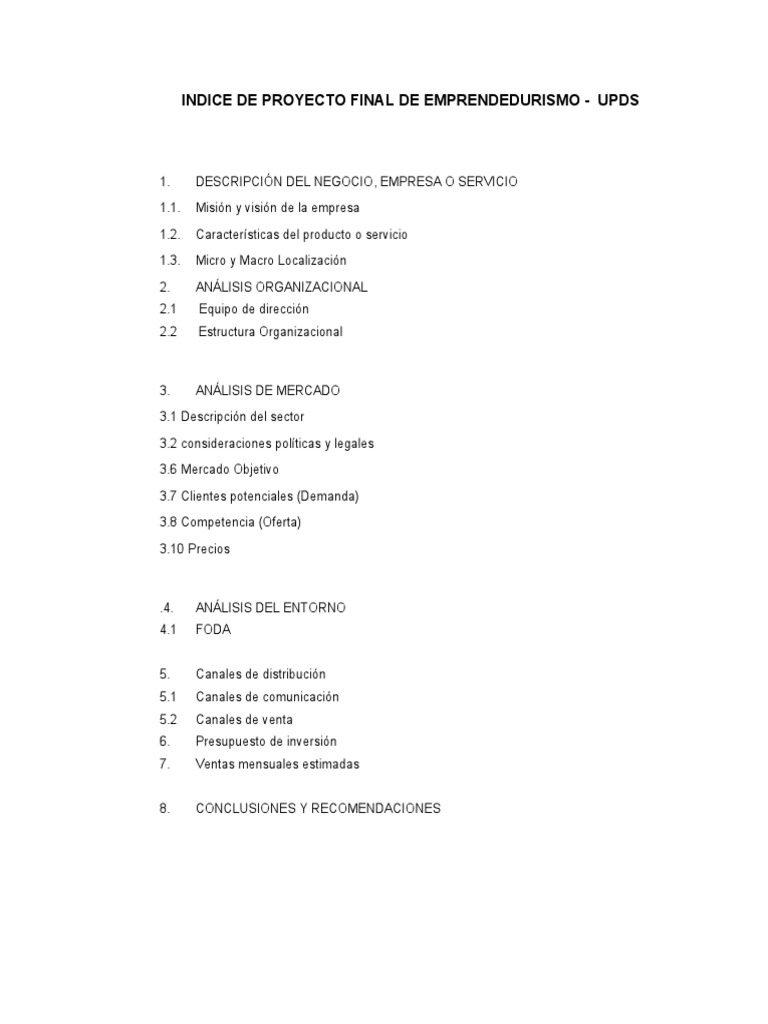 Indice de Proyecto Final de Emprendedurismo | PDF
