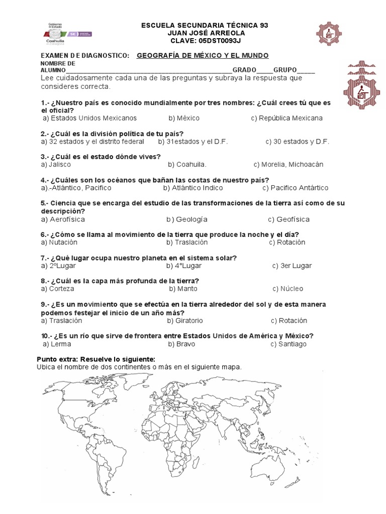 Examen Diagnóstico de Geografía 93 | PDF