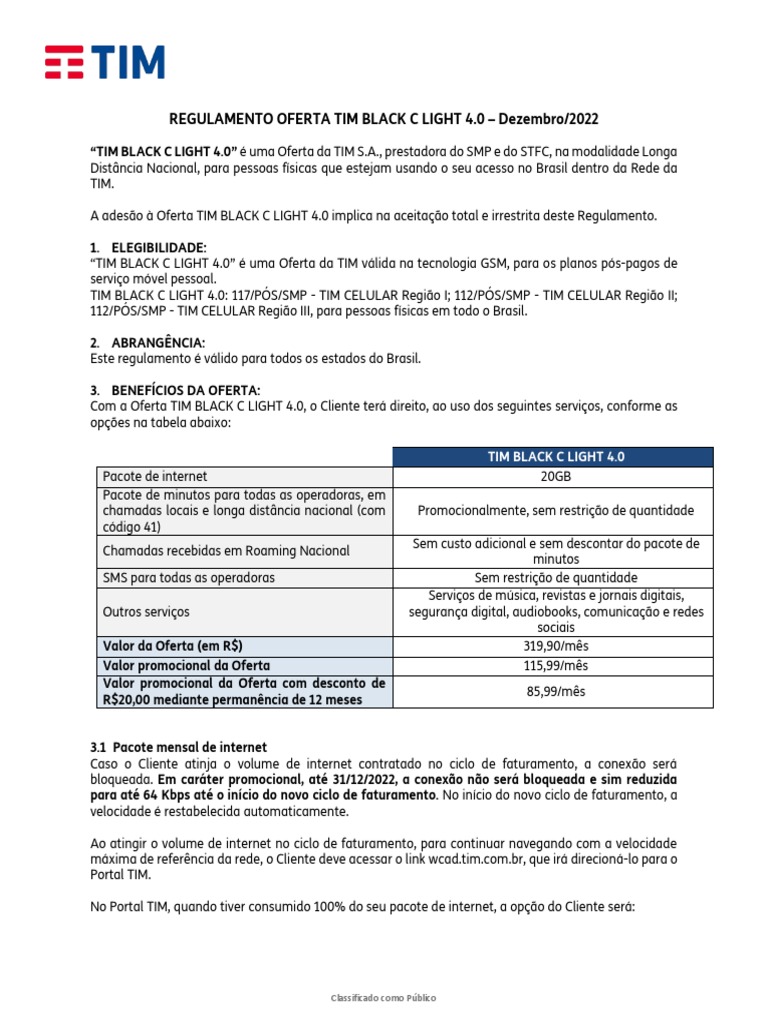 Regulamento da oferta TIM Black C Light 4.0 detalha benefícios e ...