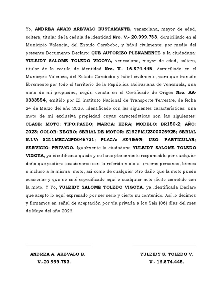 Autorización de tránsito de moto a Yuleidy | PDF | Finanzas y dinero ...