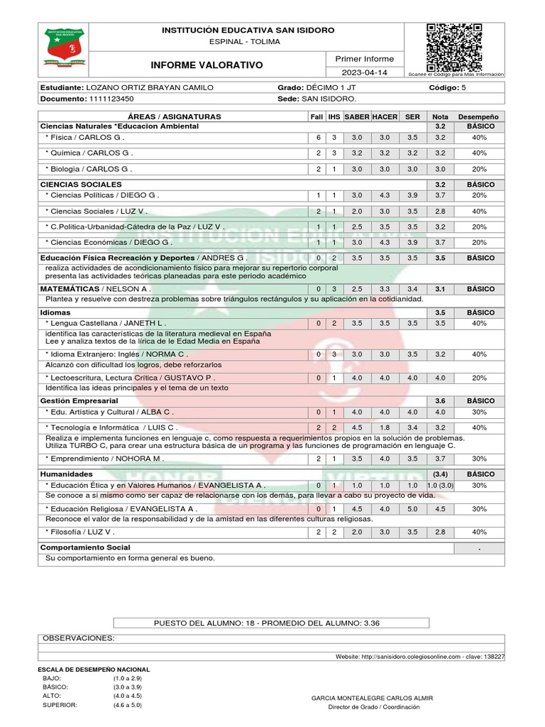 Informe Académico Brayan Camilo 2023 | PDF