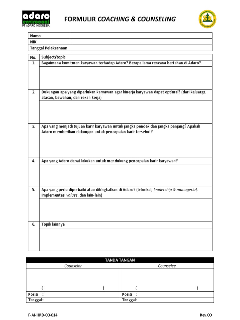 Formulir Coaching Karyawan Adaro | PDF