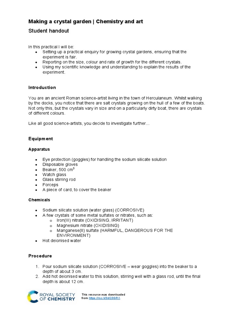 Student Handout: Making A Crystal Garden - Chemistry and Art | PDF ...