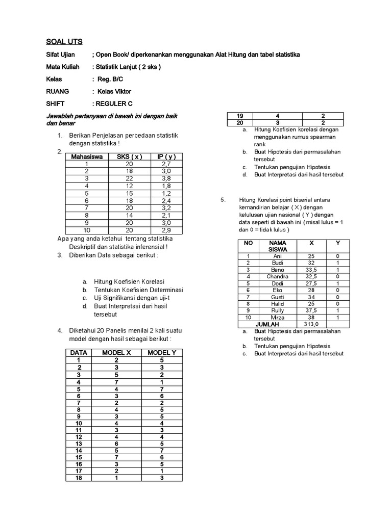 UTS Statistik Lanjut: Analisis Data dan Korelasi | PDF
