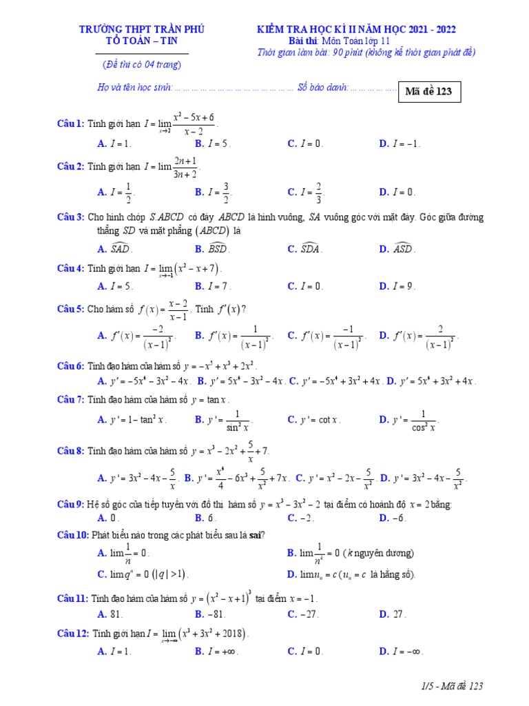 De Thi Hoc Ki 2 Toan 11 Nam 2021 2022 Truong THPT Tran Phu Phu Yen | PDF