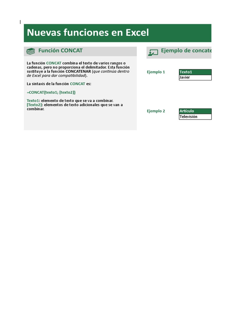 Funciones Excel: CONCAT, UNIRCADENAS y más | PDF