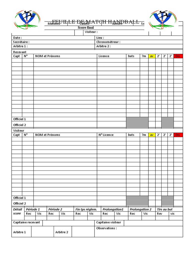 Feuille de Match Handball | PDF