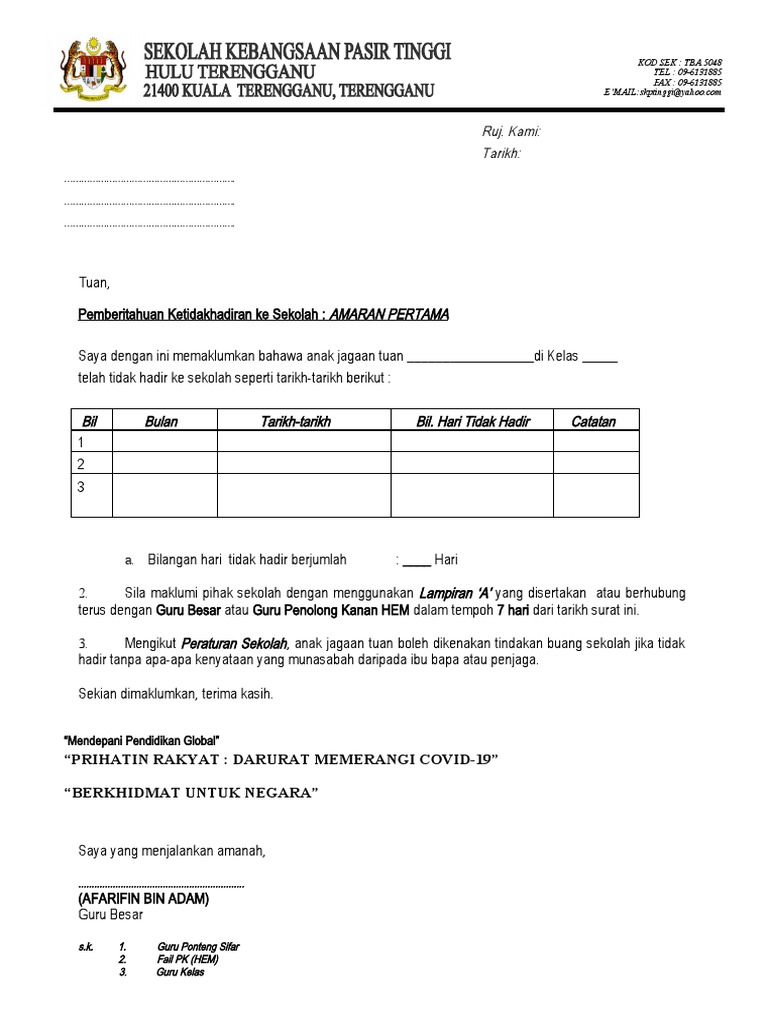 Surat Amaran Ponteng Sekolah SKPT 2021 | PDF