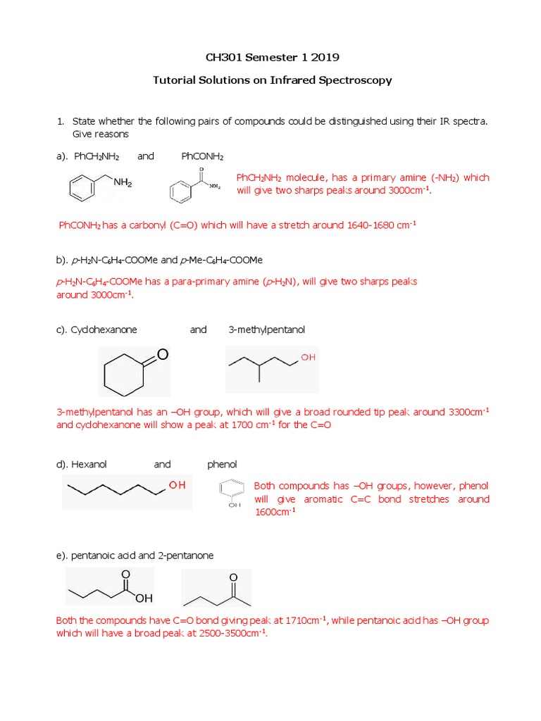 CH301 Tutorial Solutions On IR Spectros PDF | PDF