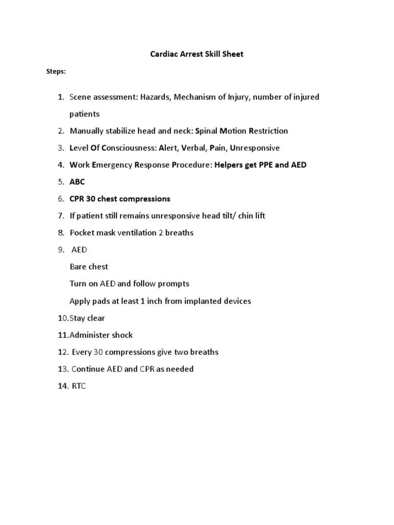 Cardiac Arrest Skill Sheet | PDF