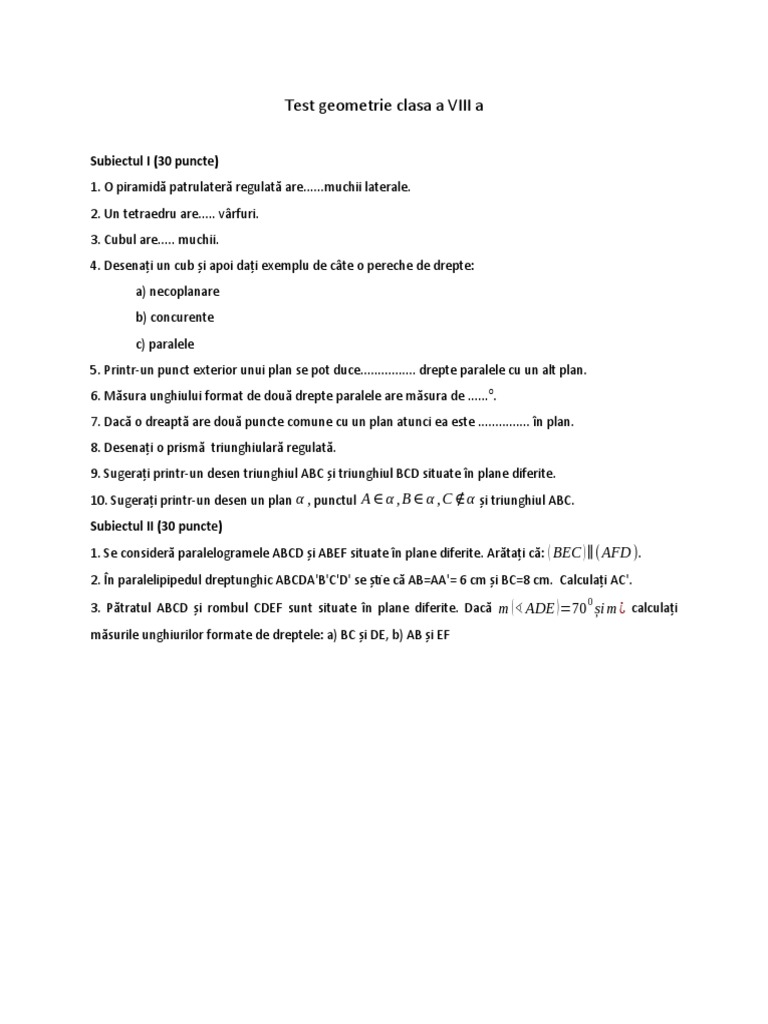 Test Geometrie Clasa A VIII A | PDF
