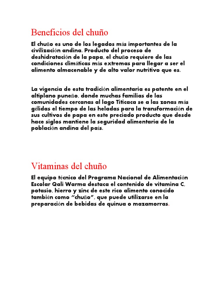 Beneficios Nutricionales del Chuño | PDF | Salud y bienestar | Tecnología