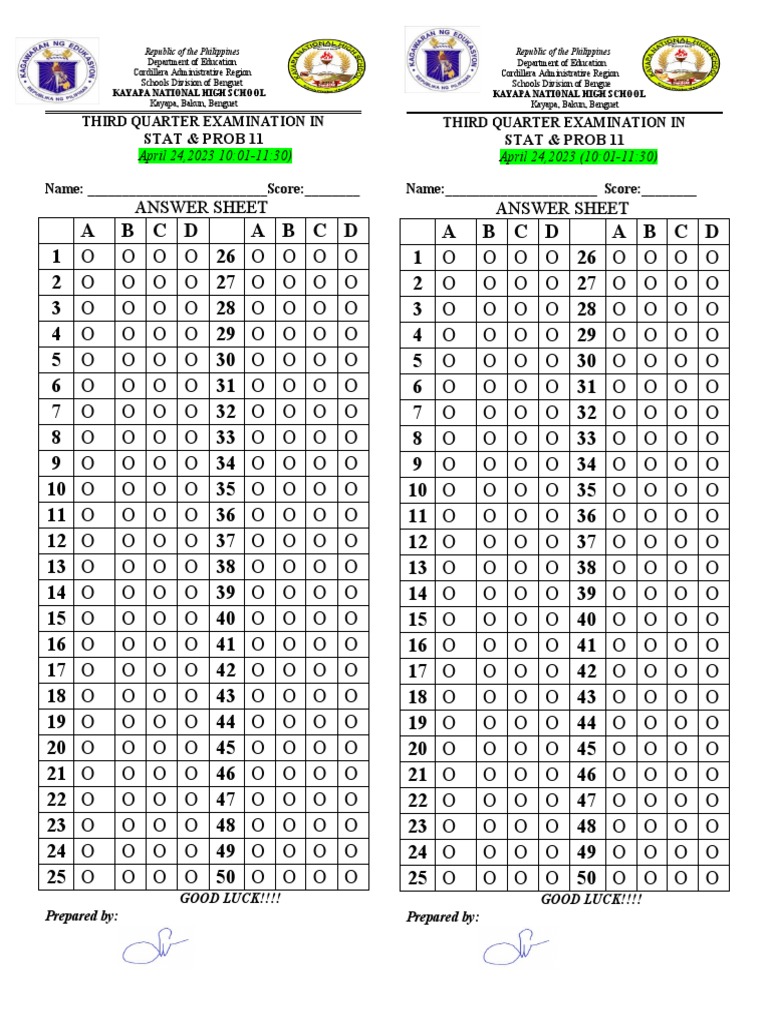 Answer Sheet Answer Sheet: Stat & Prob 11 Stat & Prob 11 | PDF