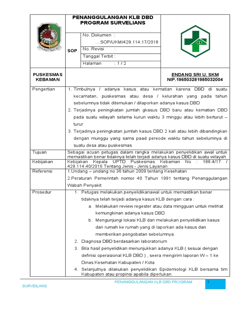 Sop Penanggulangan KLB DBD Program Surveilans | PDF