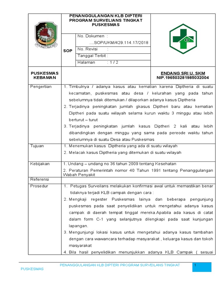 Sop Penanggulangan KLB Dipteri Program Surveilans | PDF