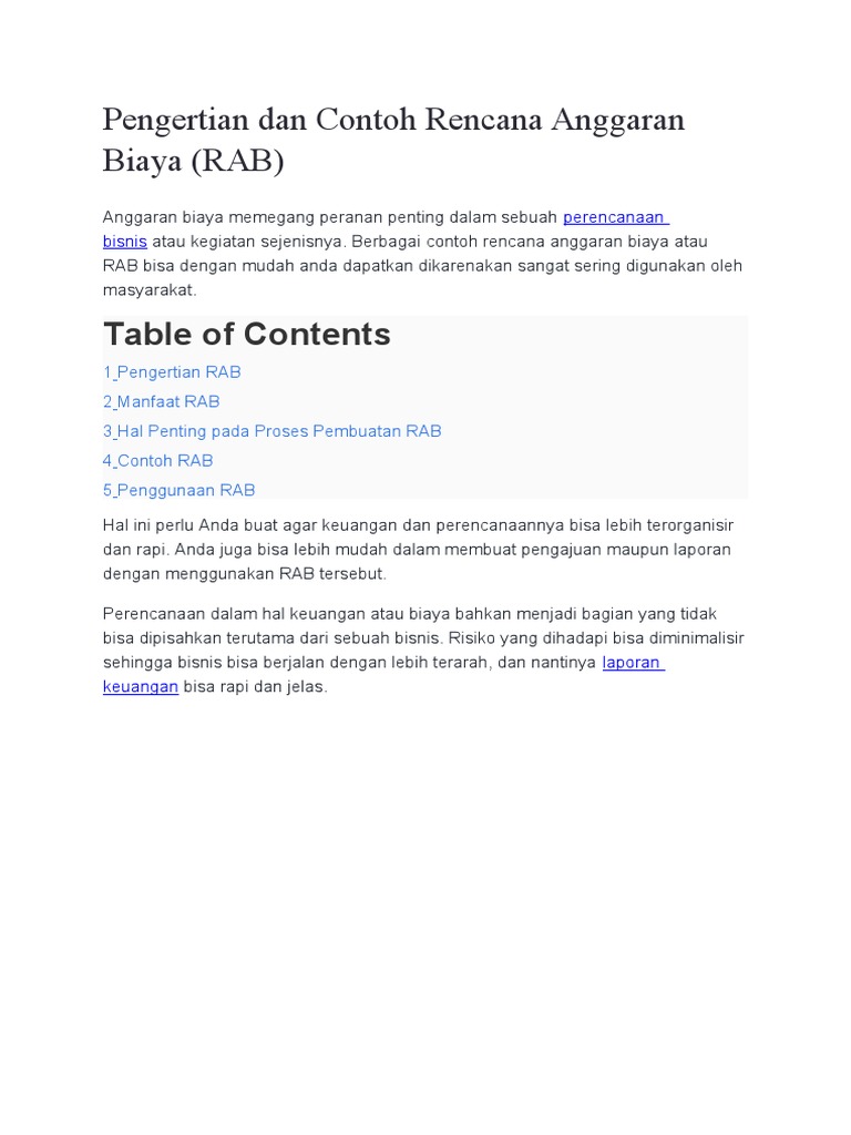 Pengertian Dan Contoh Rencana Anggaran Biaya | PDF