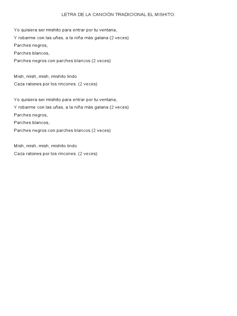Letra de La Canción Tradicional El Mishito | PDF