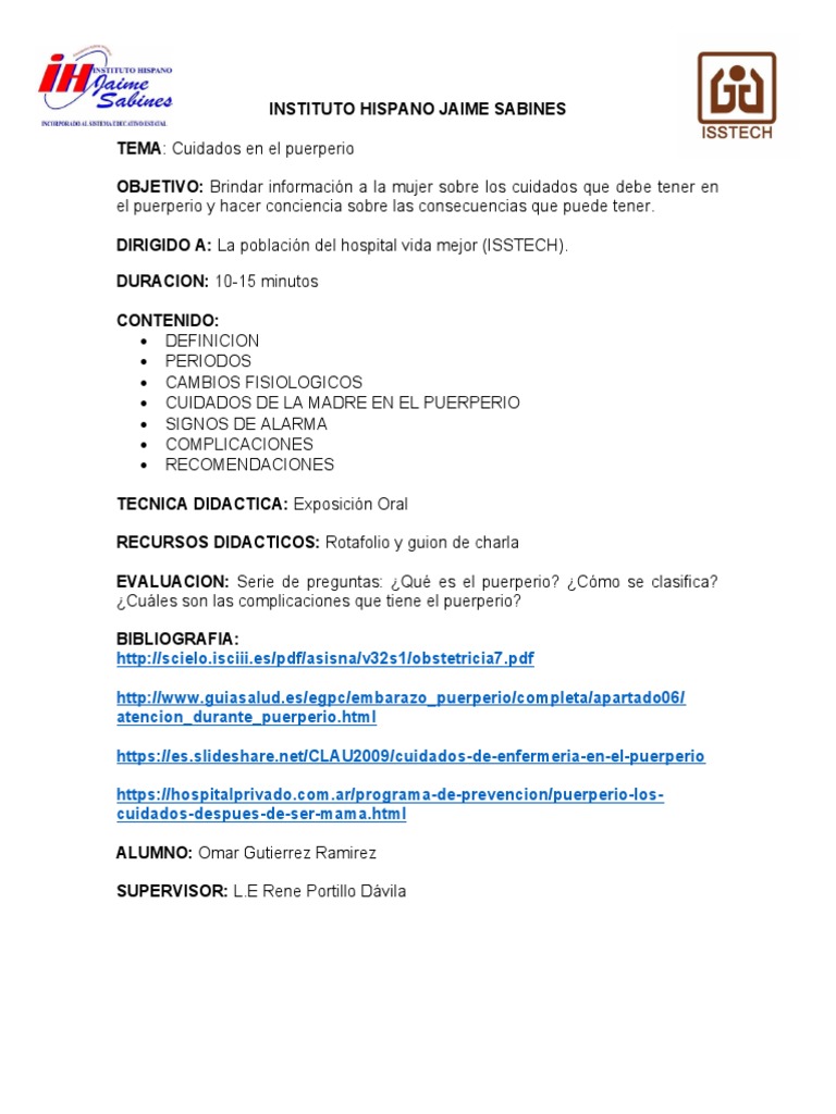 Guion de Charla-Cuidados en El Puerperio | PDF | Periodo posparto | Parto