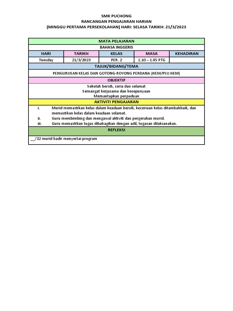Template RPH 1ST Week | PDF