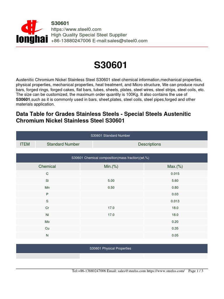 S30601 Datasheet | PDF | Steel | Rolling (Metalworking)