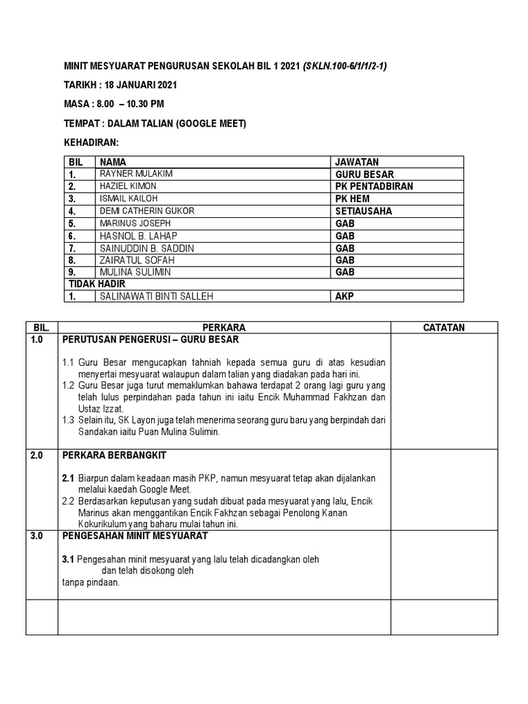 Minit Mesyuarat Pengurusan Sekolah Bil 1 2021 PDF | PDF