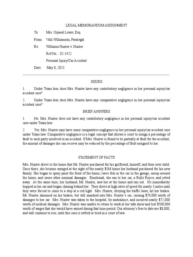 Legal Memorandum Assignment | PDF | Negligence | Contributory Negligence