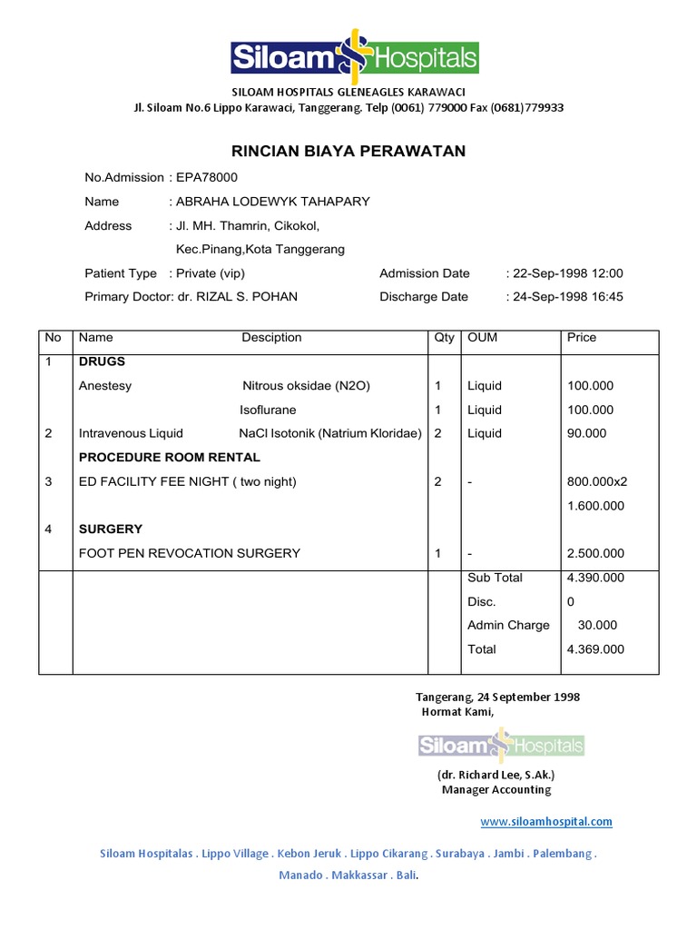 Detailed Billing for Foot Surgery Procedure and Hospital Stay at Siloam ...