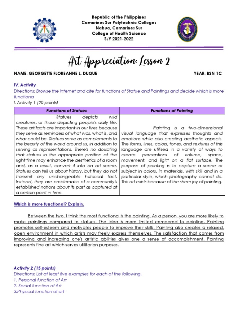 Art Appreciation: Functions and Perceptions of Art | PDF | Beauty ...