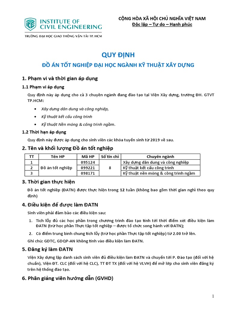 Quy Dinh DATN - KTXD - Vien XD - UTH - 2023 | PDF
