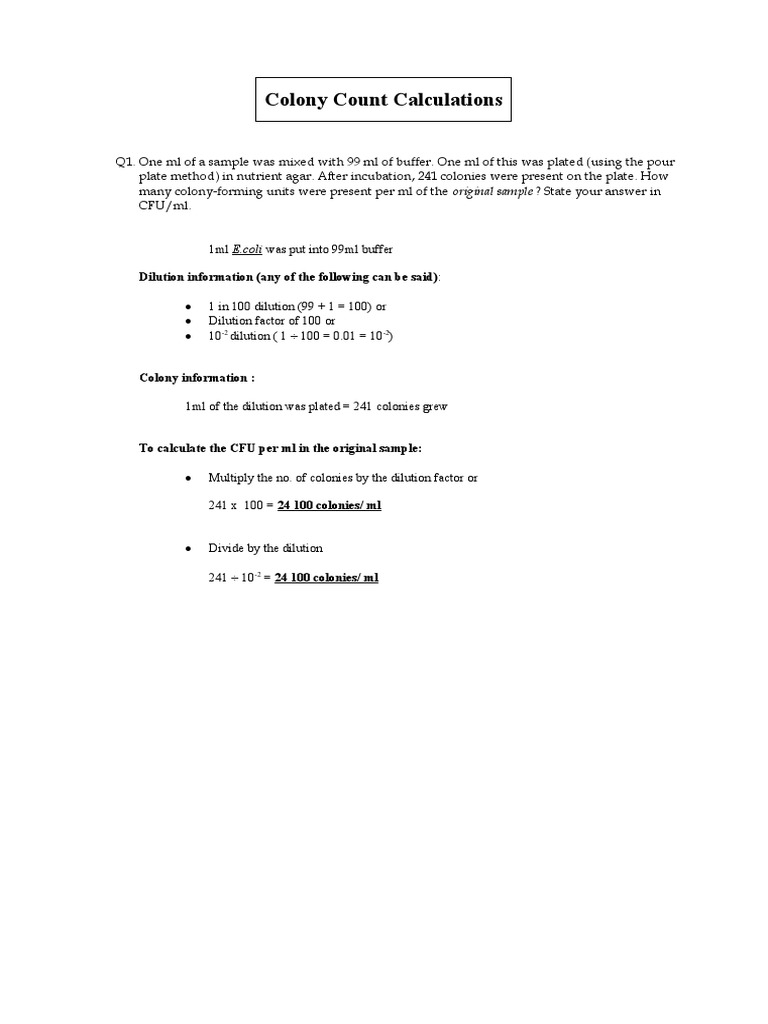 Colony Count Calculations Answers | PDF | Colony Forming Unit ...