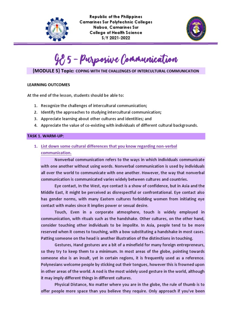 Purposive Com - Module 5 | PDF | Nonverbal Communication | Cross ...