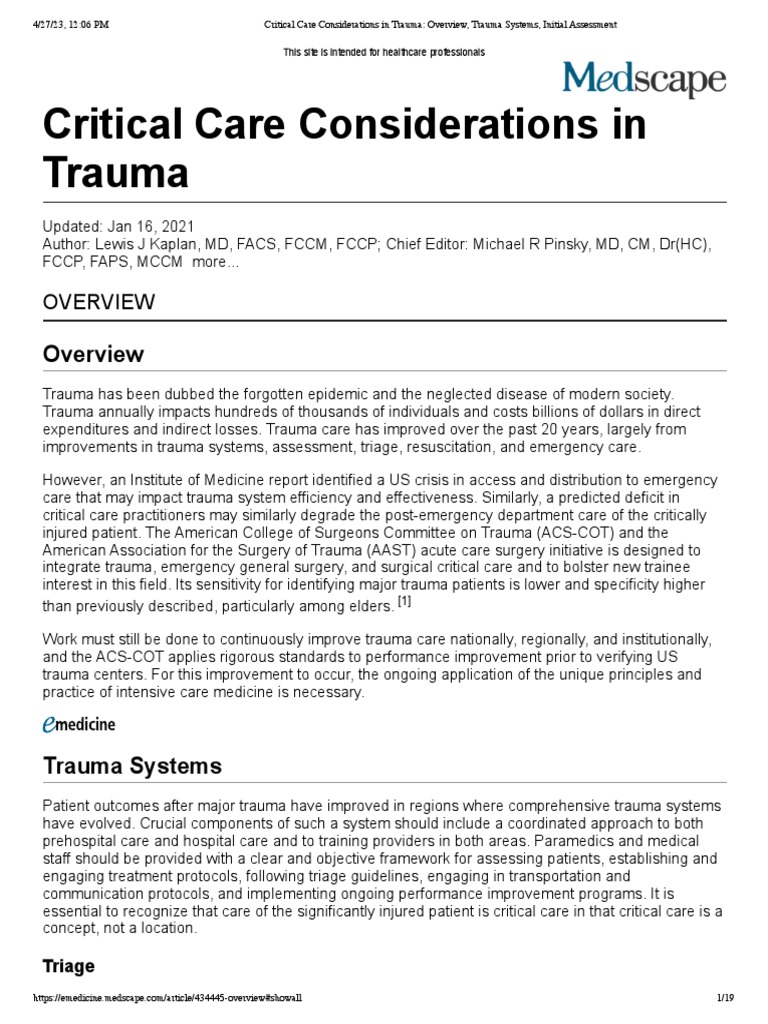 Critical Care Considerations in Trauma - Overview, Trauma Systems ... Critical Care Considerations in Trauma - Overview, Trauma Systems ...