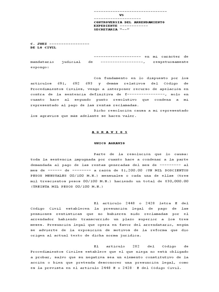 Recurso de Apelacion Vs Sentencia Definitiva Arrendamiento | PDF