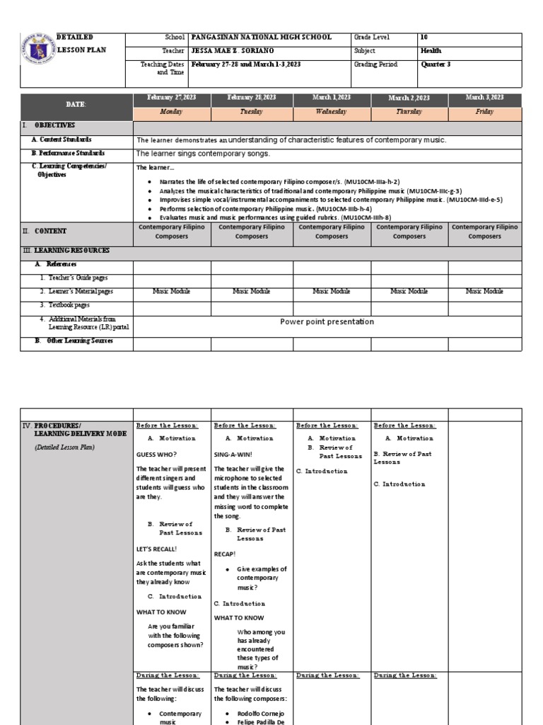 Quarter 2 - DLP Music 1 | PDF | Teachers | Lesson Plan