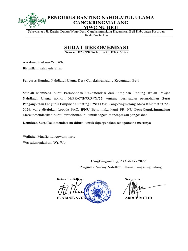 Surat Rekomendasi Ipnu-Ippnu 1 | PDF Surat Rekomendasi Ipnu-Ippnu 1 | PDF