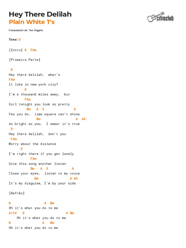 Guitar Chords for "Hey There Delilah" | PDF