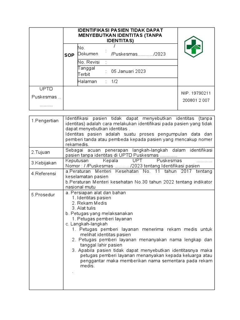5.3.1.1 Sop Identifikasi Pasien Tidak Dapat Menyebutkan Identita1 | PDF