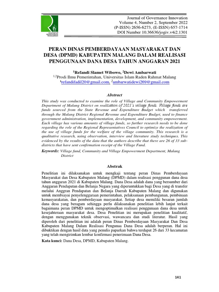 Peran DPMD Malang dalam Dana Desa 2021 | PDF