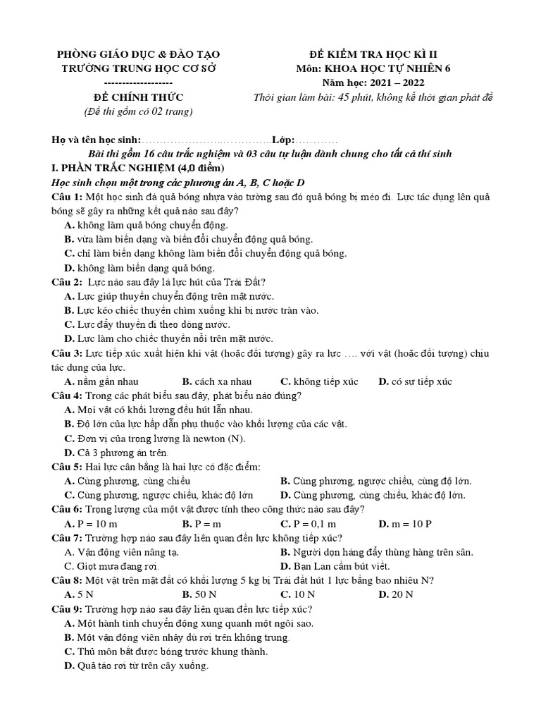 Đề KHTN hk2 | PDF