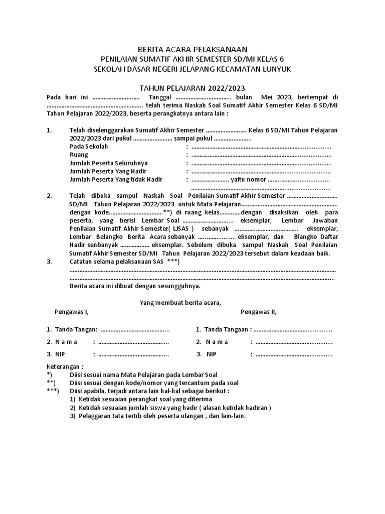 Berita Acara Dan Daftar Hadir Sas Kls 6 Tapel 2022 2023 Pdf