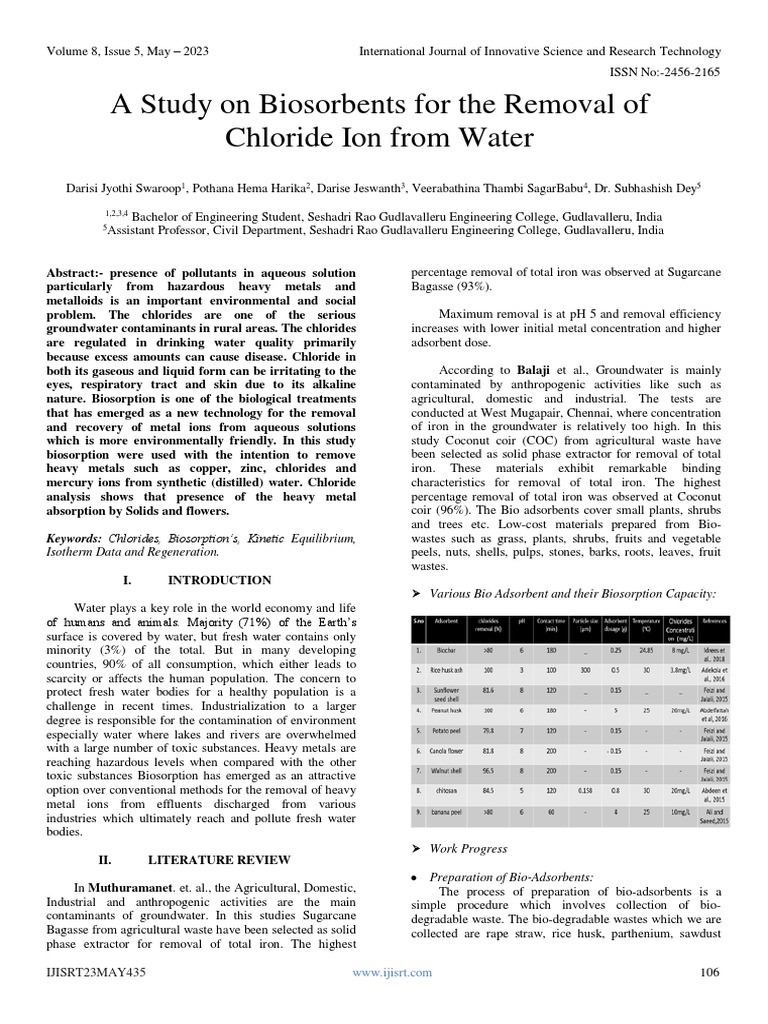 A Study On Biosorbents For The Removal of Chloride Ion From Water | PDF