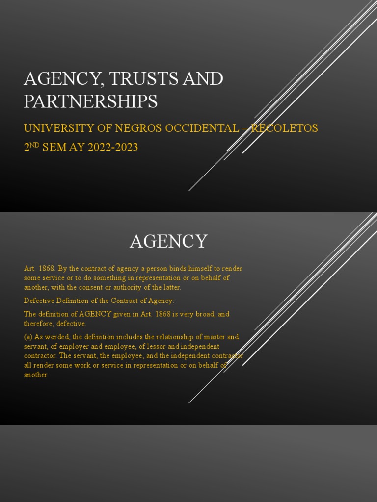 AGENCY, TRUSTS AND PARTNERSHIP - PPT.pptx | PDF | Law Of Agency | Legal ...