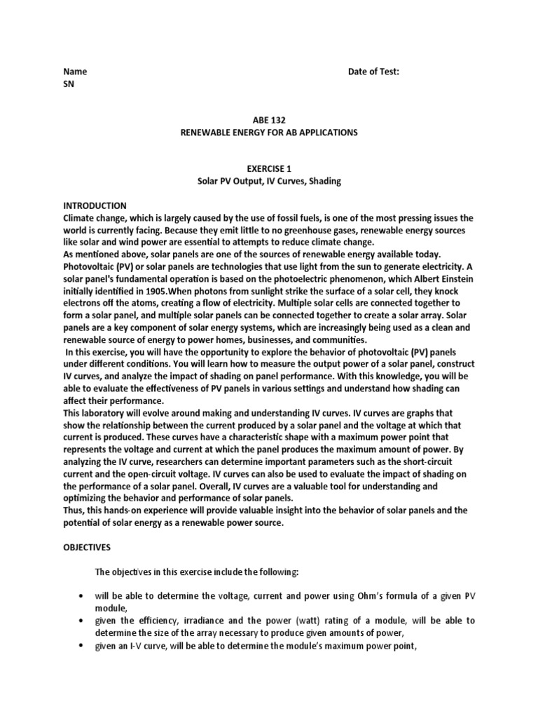 ABE 132 Lab Exer 1 Solar PV Power Output IV Curve Shading | PDF