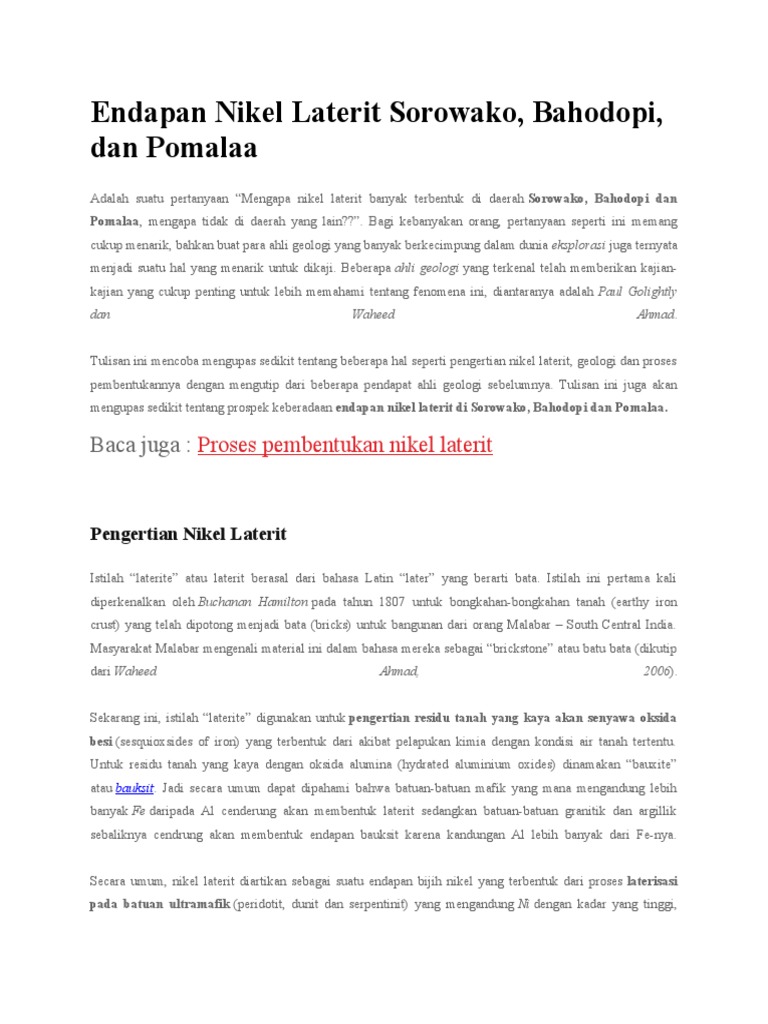 Endapan Nikel Laterit Sorowako - 1 | PDF
