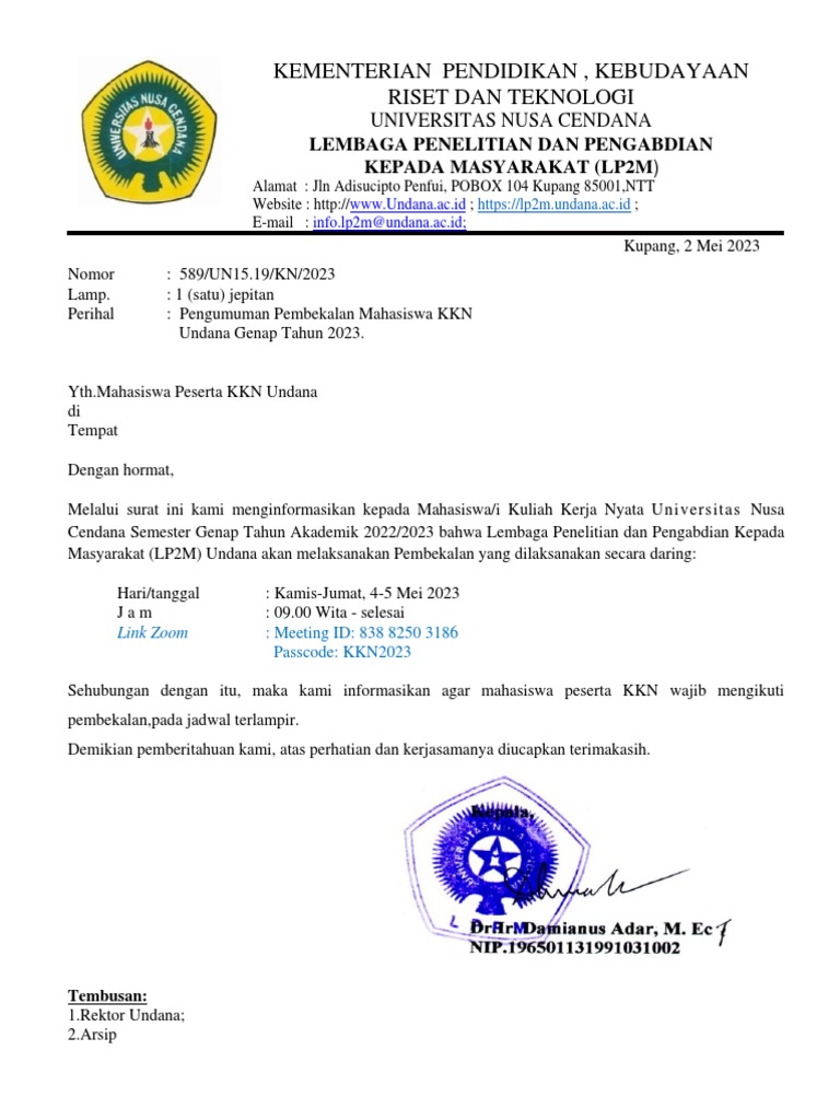 Surat Pengumuman Pembekalan KKN Genap Tahun 2023 | PDF