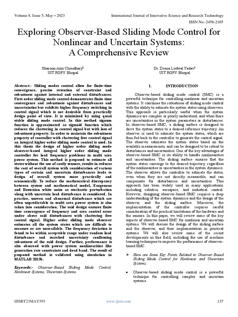 Exploring Observer Based Sliding Mode Control For Nonlinear And Uncertain Systems A