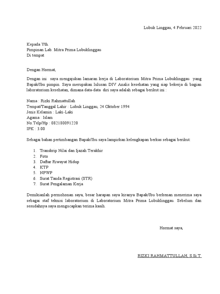 Lamaran Kerja Rizki Rahmattullah | PDF